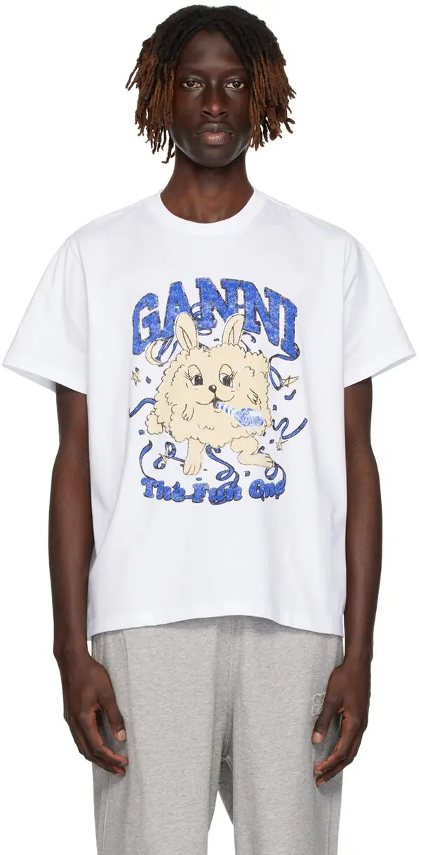 Ganni White Fun Bunny T-Shirt In 151 Bright White - 42% Off